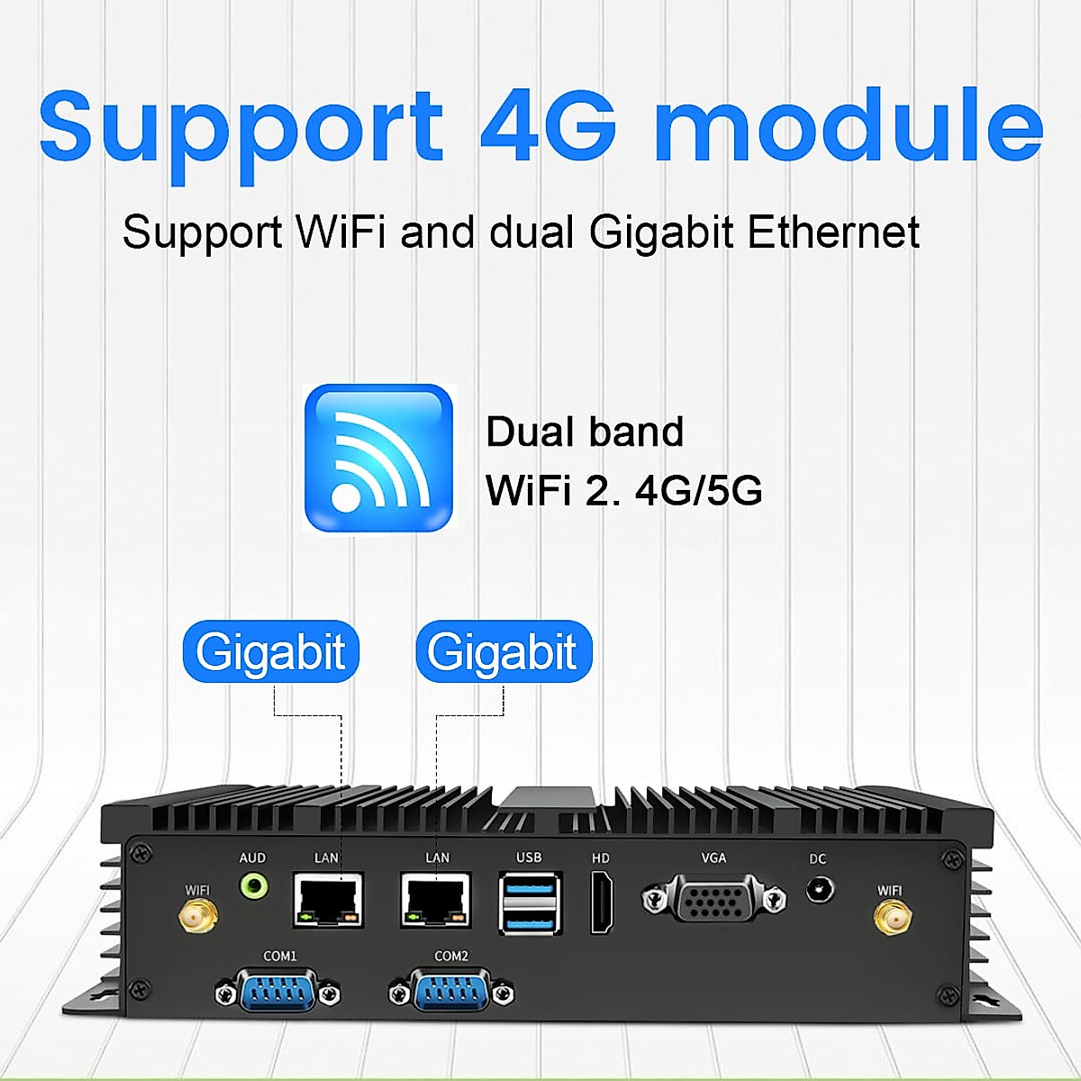 Kinupute Fanless Mini PC, Industrial Desktop Computer Core i3-5005U 2.0GHz, Windows 10 Pro, 8GB RAM, 128GB SSD, 2xNICs, 2xCOM RS232, 4xUSB 3.0, HDMI/VGA Ports, Support Auto Power On