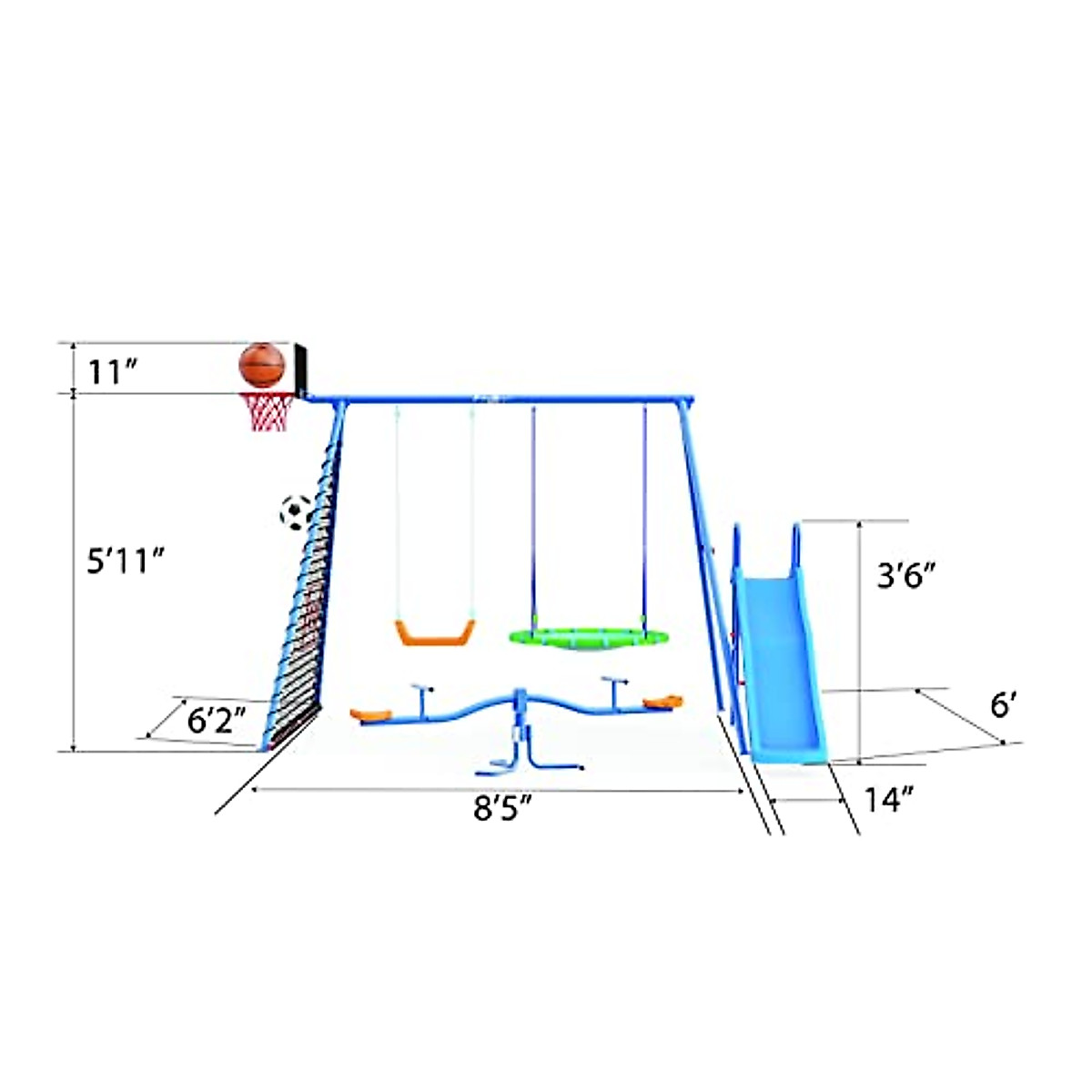 Fitness Reality Kids 6 Station Sports Metal Swing Set for Backyard with Slide Seesaw, Saucer Swing, Basketball Hoop, and Soccer Rebounder (8413)
