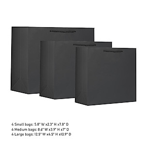 Offizon 12 Pcs Black Gift Bags, Gift Bags with Tissue Paper (4 Small 6", 4 Medium 8.7", 4 Large 12.6"), Paper Bags with Handles for Birthdays and Holidays