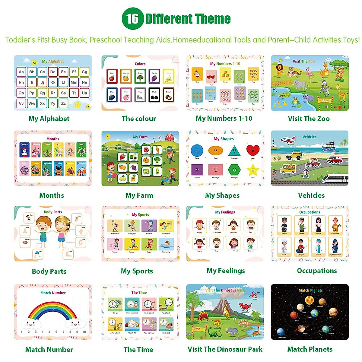 My Preschool Toys Gift for Kids & Toddlers Boy Girls,Reusable Waterproof Busy Book Quiet Book Activity Board Busy Educational Learning Toys Work Book(16 Themes-Style D)