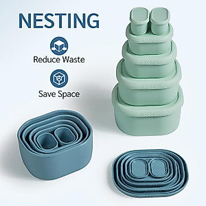 ISSEVE 12Pcs/Set Nesting Silicone Food Storage Containers with Lids, BPA Free Reusable Meal Prep Silicone Containers Airtight, Freezer Dishwasher Safe (33.8oz, 20oz, 10oz, 6.7oz, 1.3oz) (Blue)