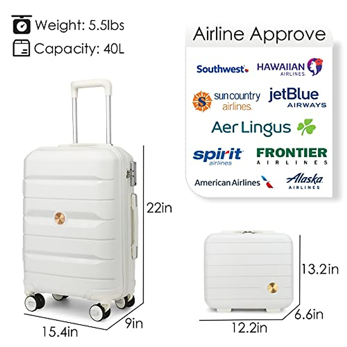 Somago 2 Piece Luggage Set Carry On Suitcase 20 INCH Lightweight Hard Shell PP Suitcase with TSA Lock Spinner Wheel 22x14x9 Airline Approved (Creamy White)