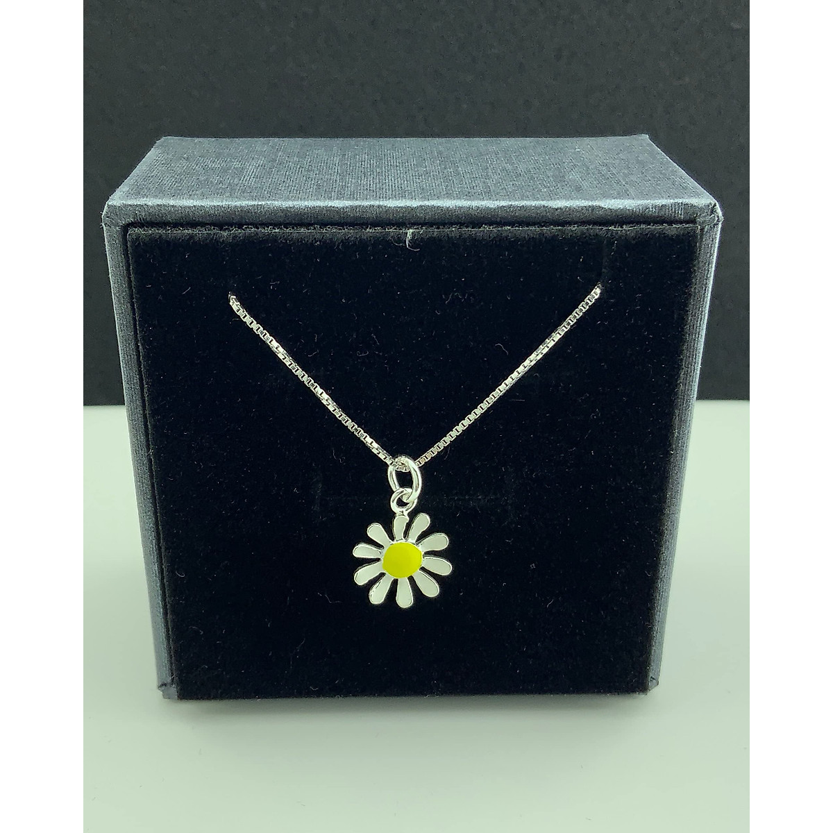 Sterling Silver Ladies Yellow White Enamel Daisy Flower Necklace for Women
