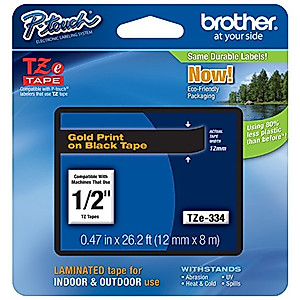 Brother Genuine TZe-334 1/2" Gold on Black Standard Laminated Tape for P-Touch Labeler, 4 Pack