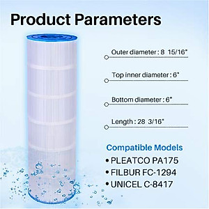 TOREAD Pool Replacement Filter for PA175, Hayward CX1750RE, C1750, Unicel C-8417, Filbur FC-1294, 25230-0175S, 817-0175P, Aladdin 27501, L x OD: 28 3/16" x8 15/16"
