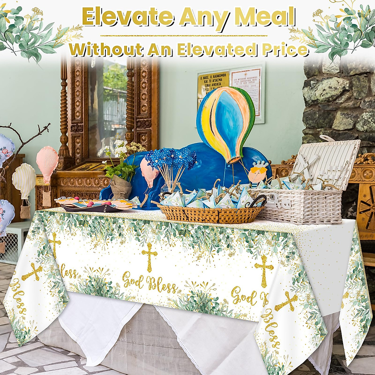 3Pcs God Bless Baptism Tablecloth First Communion Holy Tablecloth Decorations Mi Bautizo Christening Table Cover Disposable Tablecloths for Boys Girls Newborn Baby Shower Party Supplies 54 x 108 inch