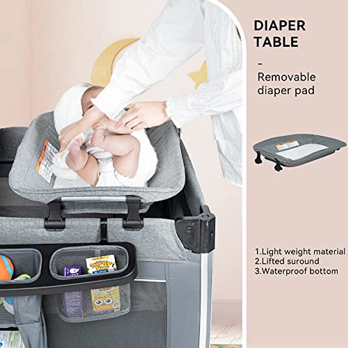 Fijinhom Baby Nursery Center Changing Table 3 in 1 Portable Crib Bedside Playard Foldable with Bassinet Diaper Table Toys Indoor