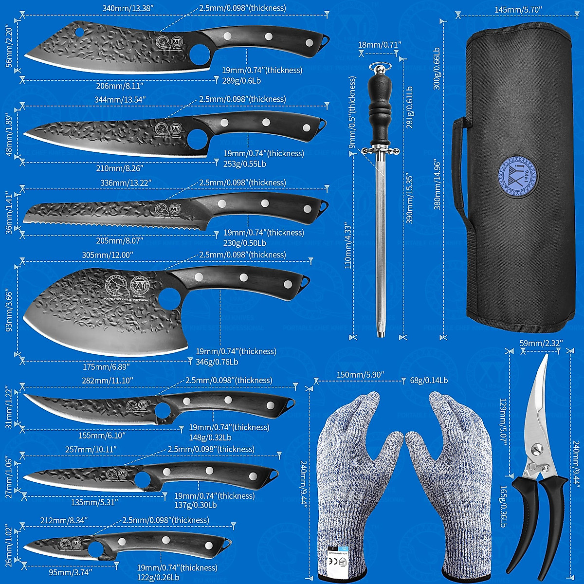 XYJ Professional Chef Knife Set with Bag Japanese Kitchen Knives Serbian Meat Cleaver for Camping Outdoor