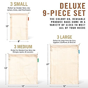 World's Strongest Reusable Produce Bags, Certified Organic Cotton Mesh, Machine Washable, Tare Weight Label, Double Drawstring, Plastic-Free Packaging, 9-Pack - Assorted Sizes (Small, Medium, Large)