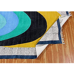 Casavani Indian Handmade Cotton Dhurrie Bordered Blue & Yellow Area Rug Boho Kilim Flat Weave Rug Indoor Hall Room Decor Carpet Throw Rugs for Bedroom Living Room Bathroom Balcony 6x12 Feet Runner