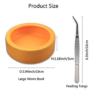 2 Pack Worm Dish Reptile Food Bowl Bearded Dragon Ceramic Bowl with Feeding Tongs (Yellow-Large)