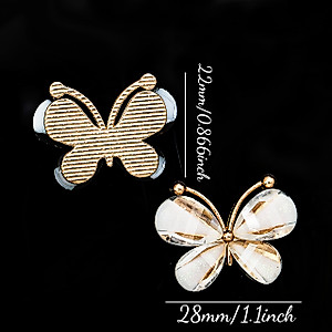Builcker 50PCS Butterfly Head Ornament DIY Accessories Alloy Butterfly Transparent Shiny Acrylic Wings Flat Gold-plated Accessories For Home Buttons Clothes Shoes Hats Crafts Decor (White)
