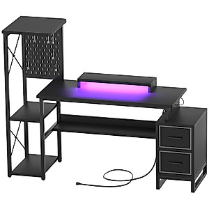 Computer Desk with 2 Fabric Drawers - Reversible Home Office Desk with Power Outlet & LED Lights, 53" Writing Desk with Monitor Stand & Storage Shelves, Gaming Desk Study Table with Pegboard, Black