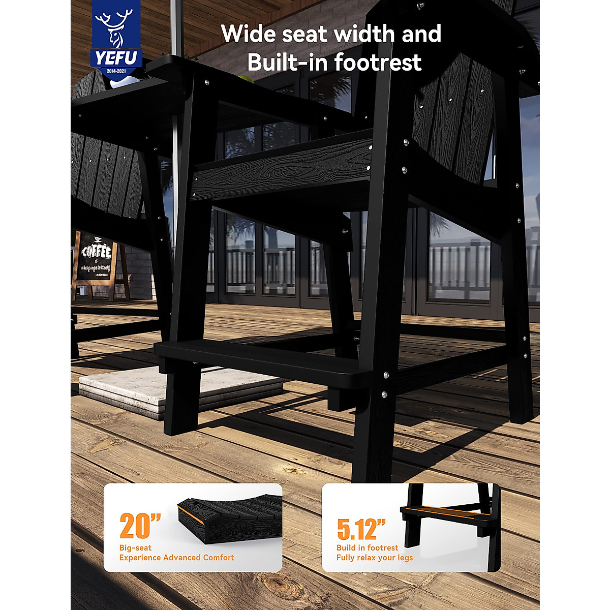 YEFU Balcony Chair, Tall Adirondack Chair Set of 2 with Connecting Tray, Poly Lumber Adirondack Chair Bar Stools, Patio Stools, 380lbs, Weather Resistant for Outdoor Deck Lawn Pool Backyard-Black