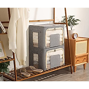 Furnhome 3 Pack 40L Clothes Storage Organizer,Sturdy Stackable Bins for Closet Storage,Foldable Clothing Storage Bins for Clothes with Zippers & Clear Window & Reinforced Handles-Grey