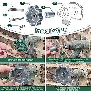 2 Pack Outdoor Faucet Handle, Water Spigot Handle Compatible with Danco 10006, Hose Bib Handle with Adapter and Screws for 8&12 Point Round Broach, 0.26", 0.28", 0.31"&0.38" Square Broach, Silver