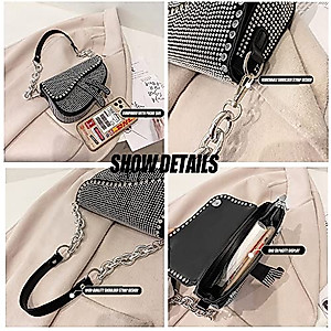Rhinestone Saddle Bag for Women Rhinestone Crossbody Evening Bag,Clutch Bag Rhinestone Handbag Leather Crossbody Shoulder Purse (Silver)