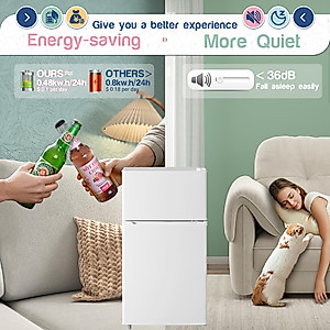 Tehanld 3.5 Cu.Ft Mini Fridge with Freezer, Double Door Small Refrigerator, Energy Saving & Low Noise, Adjustable Thermostat, Mini Fridge for Bedroom, Office, Dorm and Apartment, White