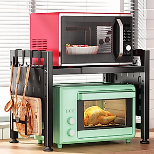 Kitstorack Adjustable Microwave Oven Rack,Microwave Stand Shelf Heavy Duty 2-Tier Shelf with Cutting Boards Stand for Kitchen Shelves Counter Top Organizer, Holds 180lbs,9 Hooks