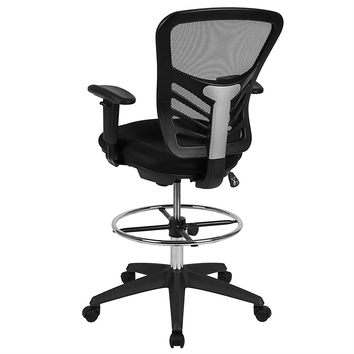 Flash Furniture Tyler Mid-Back Black Mesh Ergonomic Drafting Chair with Adjustable Chrome Foot Ring, Adjustable Arms and Black Frame