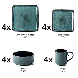 Arora FLACKAR Square Stoneware 16pc Dinnerware Set for 4, Dinner Plates, Side Plates, Cereal Bowls, Mugs - Reactive Glaze Turquoise (497248)