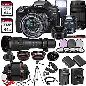 Canon EOS 90D DSLR Camera w/EF-S 18-55mm F/4-5.6 Zoom is STM + 75-300mm F/4-5.6 III + EF 50mm f/1.8 STM Lenses + 420-800mm f/8.3 Lens for T Mount +2X 64GB Memory+Hood+Case+Filters+More (35pc Bundle)
