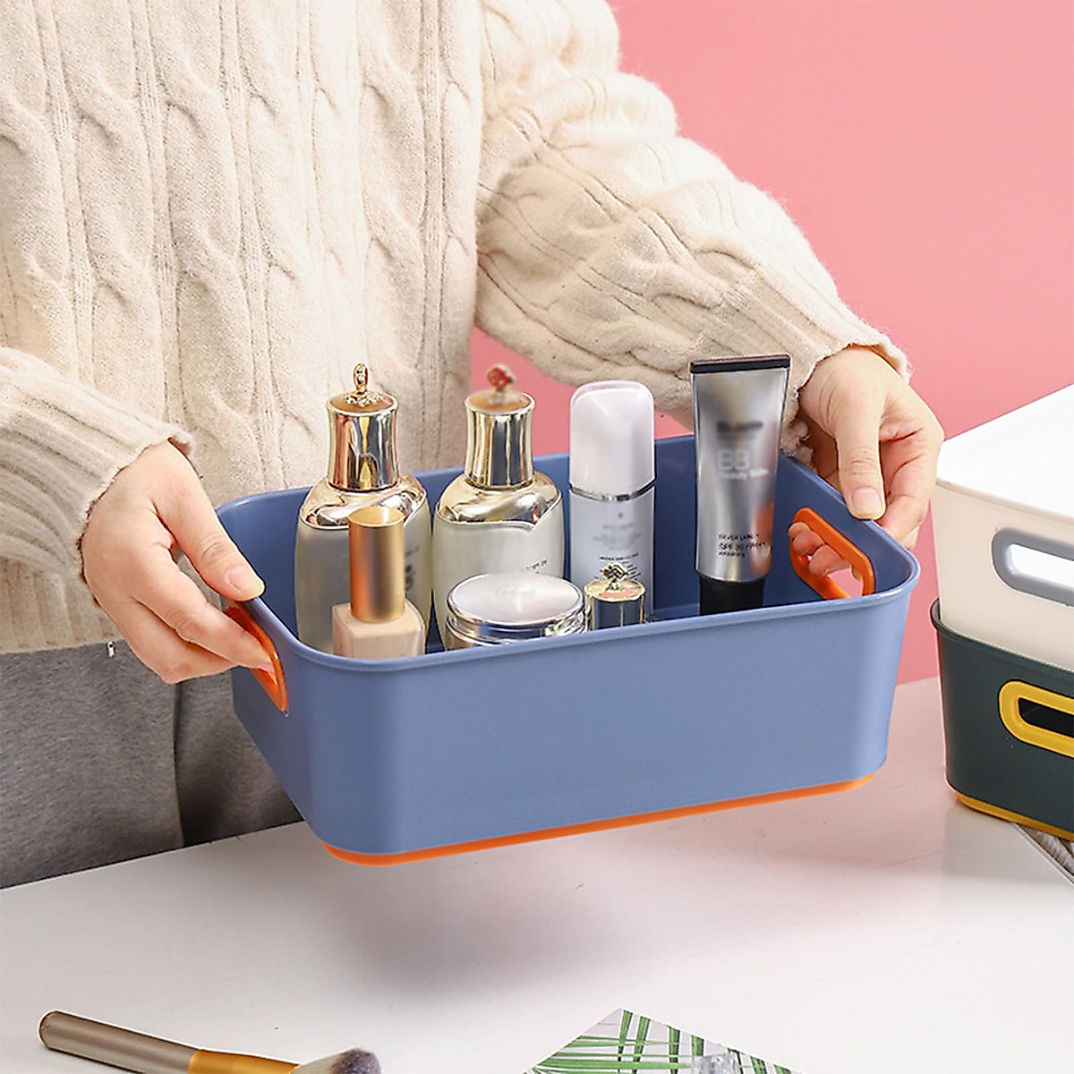 Youeon 3 Pack Plastic Storage Basket with Handle, 10 x 8 x 4 Inches Plastic Storage Bins, Plastic Storage Containers, Shelf Baskets for Laundry Room, Bedroom, Pantry, Office, Classroom