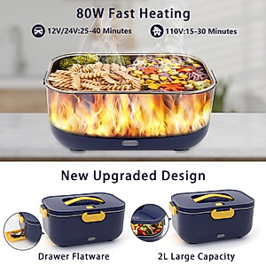 2L Electric Lunch Box,80W Portable Food Warmer Lunch Box Fast Heated Lunch Boxes for Adults,Rechargeable 12V 24V 110V Self Heating Lunch Box for Car Truck Work with SS Container Fork Spoon Carry Bag