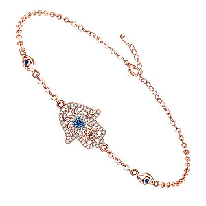 Hamsa Hand Evil Eye Bracelet for Women Rose Gold Sterling Silver Dainty Cute Crystal Round Blue Evil Eye Fatima Bracelets