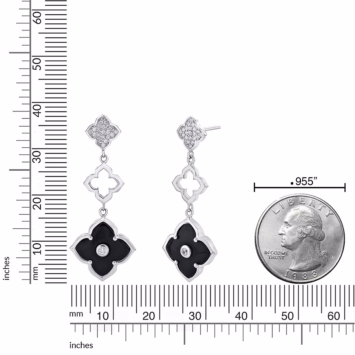 Black Onyx and Cubic Zirconia Three Flower Drop Dangle Earrings for Women I 925 Sterling Silver Earrings for Her I Push Back Earrings by Lavari Jewelers