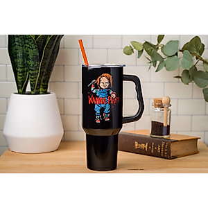 Silver Buffalo Chucky Holding Knife Wanna Play Spooky Scary Stainless Steel Tumbler with Handle and Straw, Fits in Standard Cup Holder, 40 Ounces