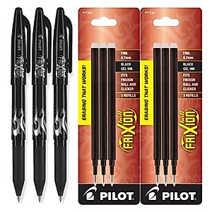 PILOT Frixion Ball Erasable Black Gel Ink Pens, 3 Pens with 2 Packs of Refills (315505P)