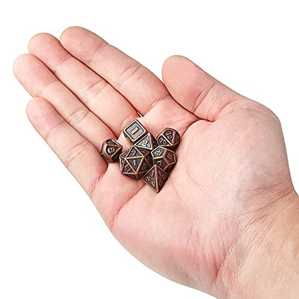 Wiz Dice - Metal Dice Set - DND Dice Set for Tabletop RPG Adventure Games - Polyhedral Dice Set, Suitable for Dungeons and Dragons and Dice Games Alike - Ancient Copper - 10 mm - 7 ct