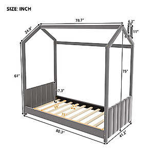 Bellemave House Beds Twin Size Velvet Montessori Bed for Kids Upholstered Floor Bed Frame with Headboard & Footboard for Girls Boys Teens, Gray