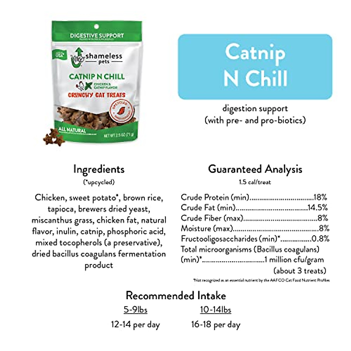 SHAMELESS PETS Catnip Treats - Crunchy Cat Calming Treats with Digestive Support, Sustainable Upcycled Natural Ingredients & Real Chicken, Low Calorie Healthy Feline Food - Catnip N Chill, 3-Pk