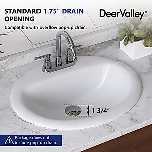 Bathroom Vessel Sink, DeerValley, 20”x17” Oval Ceramic Drop-in Sink for Bathroom White Vessel Sink Modern Art Basin Bathroom Sink with Overflow and Three Faucet Holes at 1.25”, DV-1DS0120