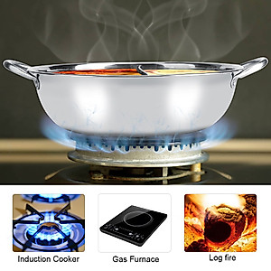 Stainless steel pot with divider, two-flavor separation induction cooker, double-sided soup cooker double-flavor Chinese shabu-shabu, suitable for family gatherings(34CM)