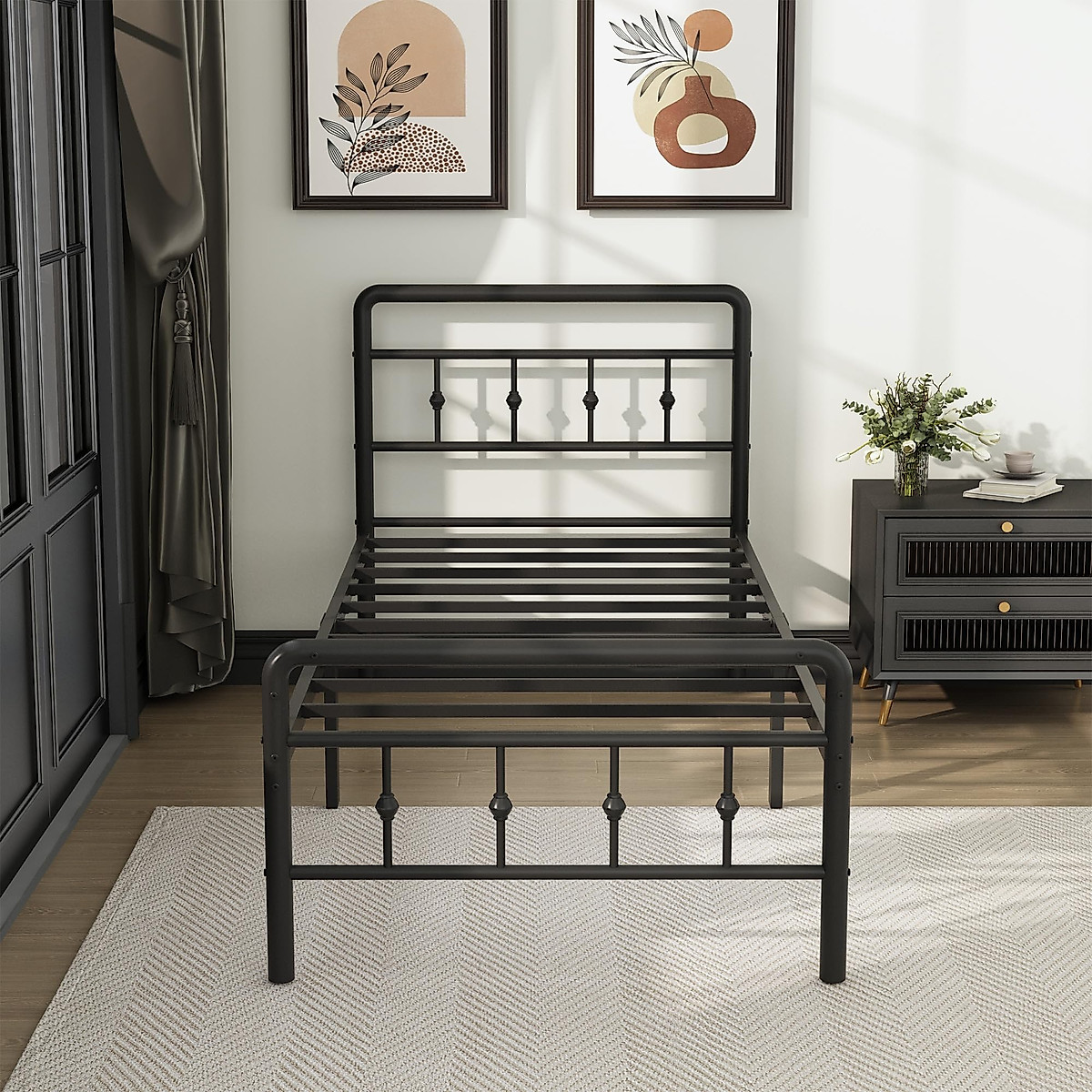 DiaOutro 16 Inch Twin XL Bed Frame with Headboard and Footboard, Classic Metal Platform No Box Spring Needed Heavy Duty Victorian Style Iron-Art Mattress Foundation/Under Bed Storage