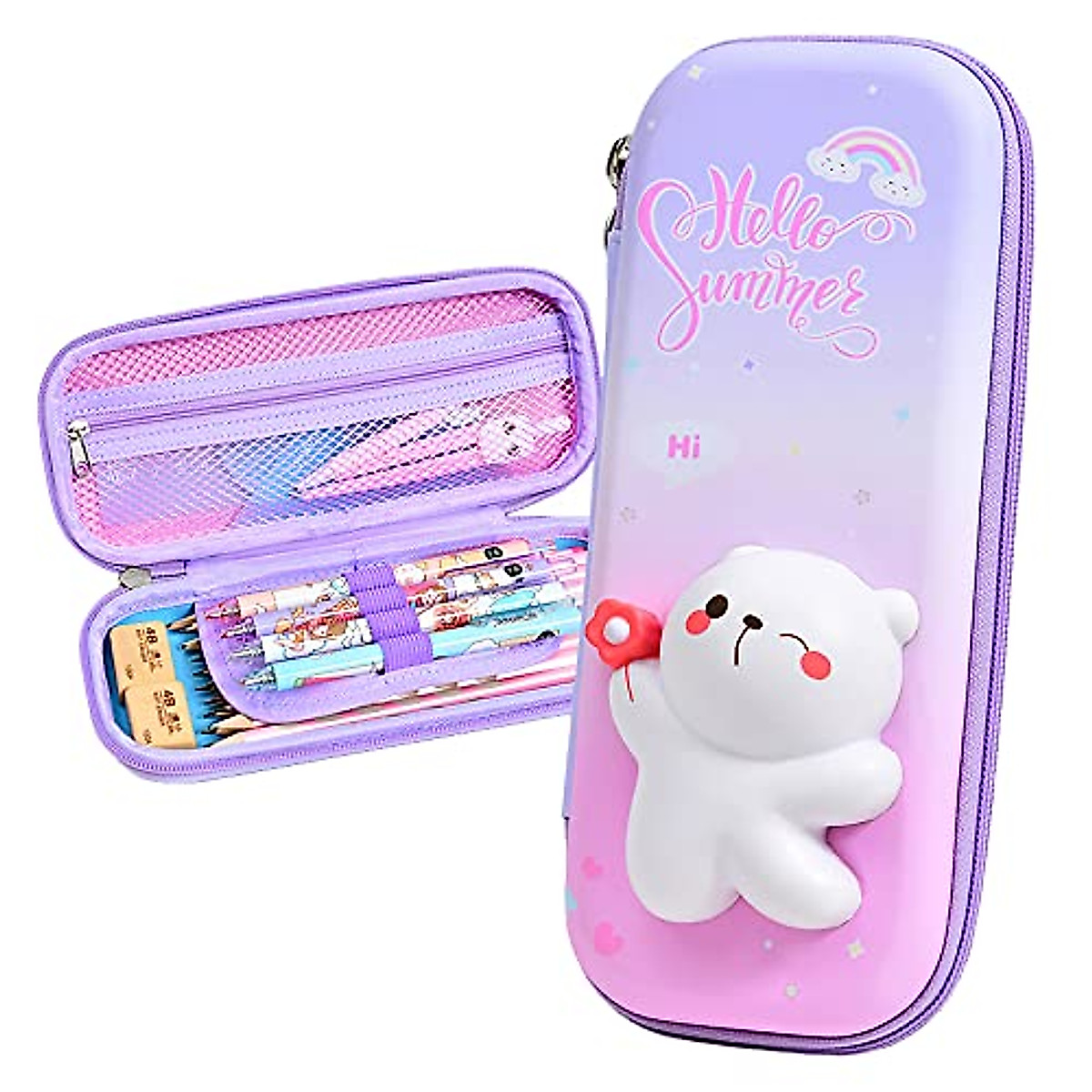 GANNEPIE 3D Decompression Stereo Cartoon Cute Pencil Case Holder EVA Carrying Pen Bag Pouch Simple Stationery for Adults Kids Purple Bear