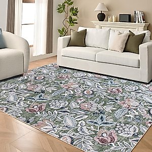 8x10 Large Area Rugs for Living Room,Non Slip Vintage Boho Rug,Machine Washable Rug,Low-Pile Floral Print Carpet for Bedroom Dinning Room Office Farmhouse Indoor Home Decor（Green 8'x10'）
