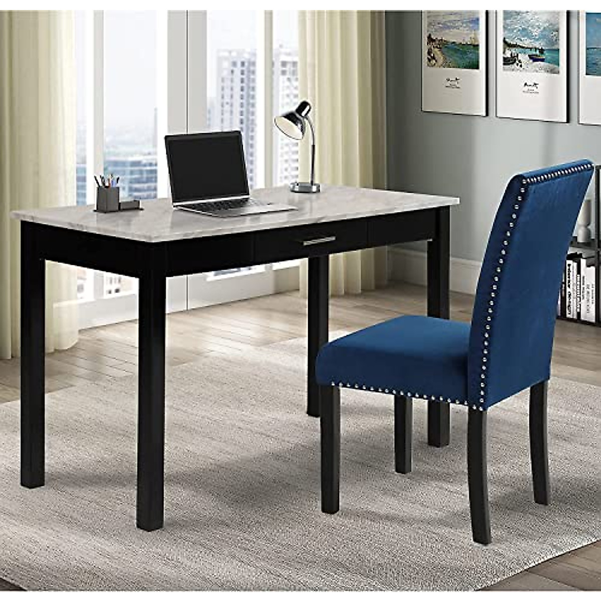 New Classic Furniture Celeste Faux Marble Writing Table Desk for Home Office, White/Gray with Black Base