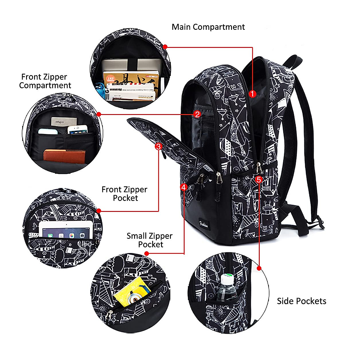 Ozmego Boys School Backpacks Midlle School College Bookbag for Teens Boys Girls (Black Print)