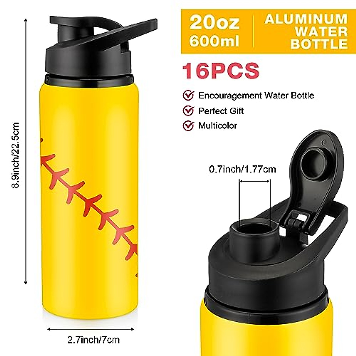 Yaomiao 16 Pcs Softball Gift Softball Water Bottles for Girls Softball Team Accessories Aluminum Water Bottle Bulk Snap Closure Reusable Leak Proof Sports Bottle for Team Gym Sports Travel(20 Oz)