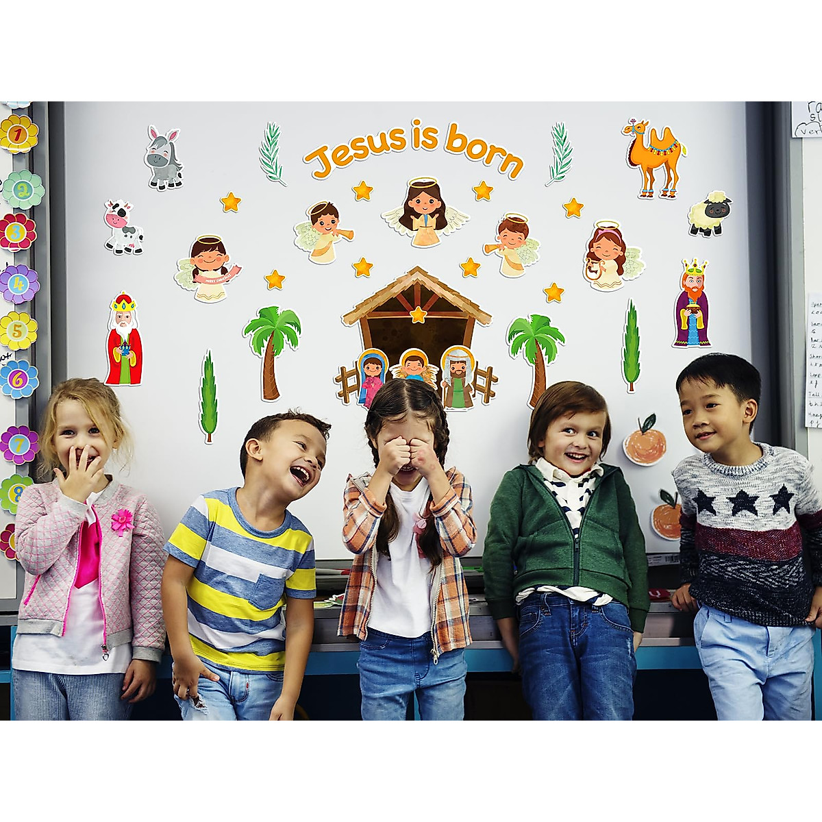 WaaHome Jesus is Born Christian Bulletin Board Decorations Set 38pcs Religious Nativity Scene Cutouts Birth of Jesus Bulletin Board Borders for Kids Christmas Sunday School Classroom Decorations