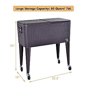 Safstar Outdoor Cooling Bin, 80 Quart Rattan Patio Beverage Chest with Lockable Wheels and Bottle Opener, Rolling Cooler Cart for Backyard Garden Pool Party