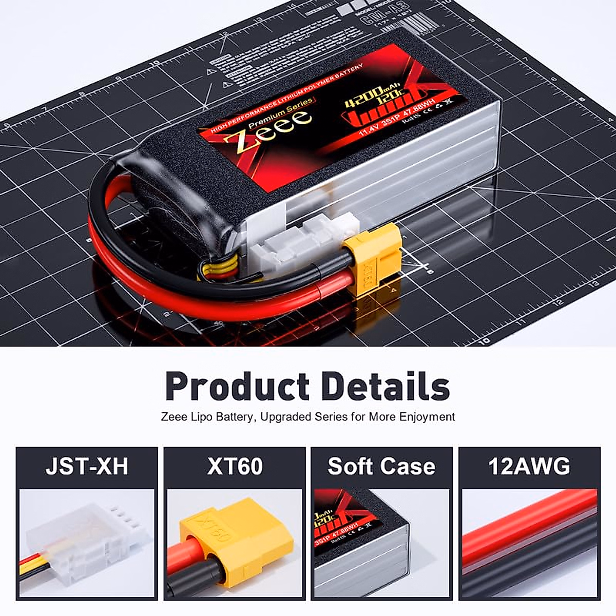 Zeee Premium Series 3S Lipo Battery 4200mAh 11.4V High Voltage Shorty Battery 120C with XT60 Plug Soft Case HV Lipo Compatible with Rock Crawler Helicopter Airplane Drone Boat Racing Models(2 Pack)
