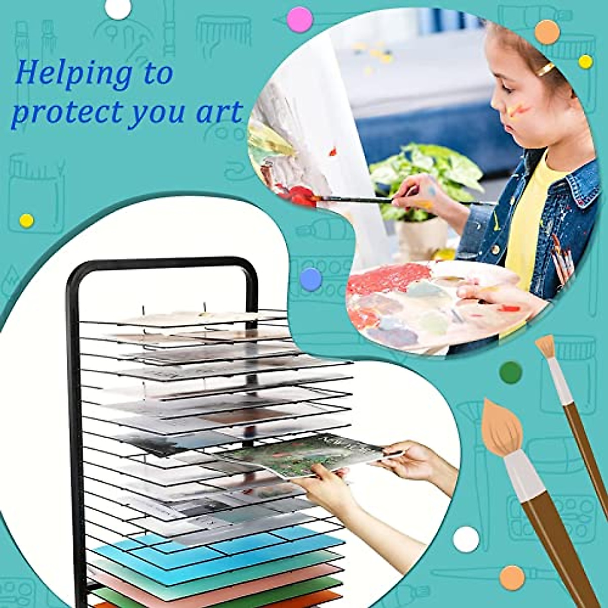 Mobile Art Drying Rack Standard A3 Paper Wire Shelves for Classroom Paint Crafts Drying Rack Metal Artwork Storage Display Rack with Wheels, Ideal for Schools and Art Clubs, Black (Size : 20-Layer)