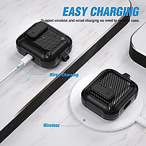 Valkit Compatible Airpods 3rd Generation Case with Lock Clip, Carbon Fiber Hard Shell AirPods 3 Case Cover with Keychain for Men Women Cool Shockproof Protective Case for Air Pods 3rd Gen, Black