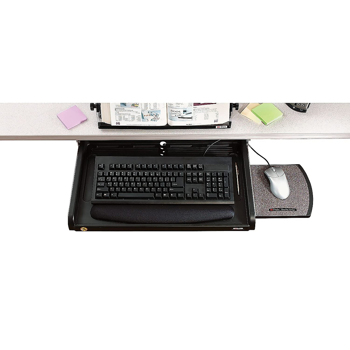 3M Adjustable Under-Desk Keyboard Drawer, Three Height Settings, Wide Tray with Gel Wrist Rest Accomodates Most Keyboards, Slide Out Mouse Platform with Precise Mouse Pad, Black (KD45)
