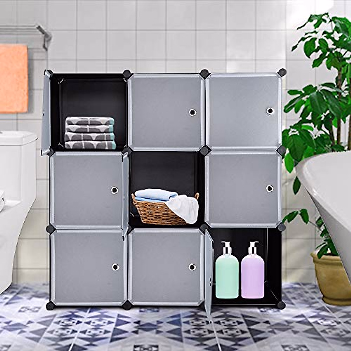 VINGLI Cube Storage, 9 Cubes Organizer Shelves Plastic Closet Cabinet, DIY Modular Storage Cube Organizer w/White Doors for Bedroom Living Room Office, Black